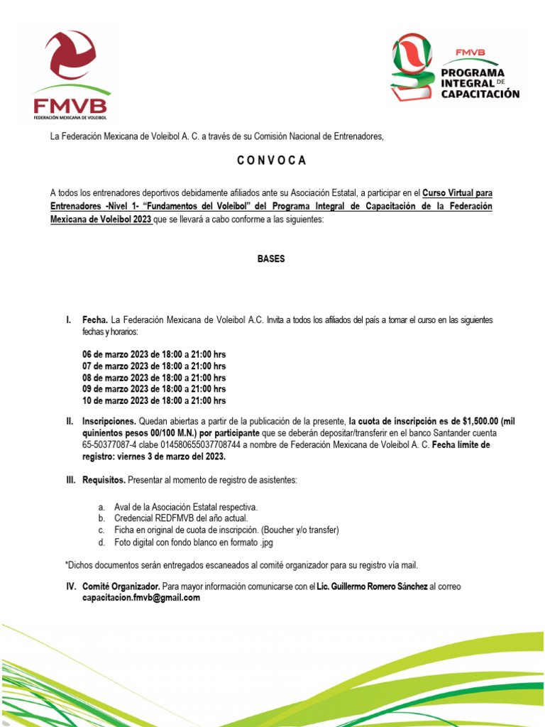 Convocatoria Nivel 1 Virtual FMVB 2023 - 1 | PDF