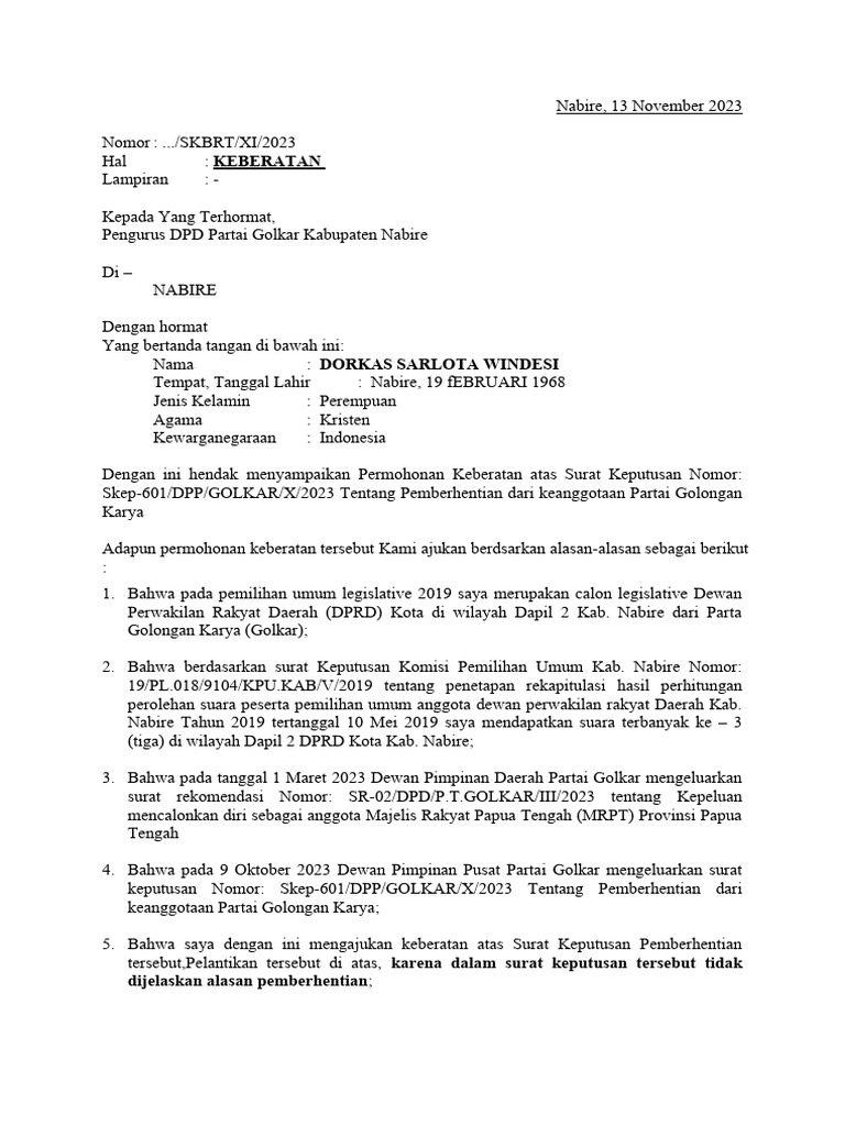 Surat Keberatan Dorkas | PDF