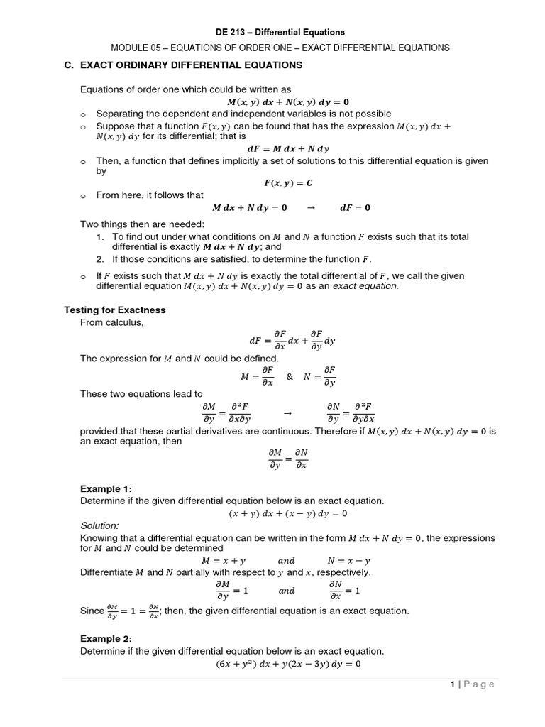 MODULE 05 - Equations of Order One - Exact Differential Equations | PDF | Differential Equations ...