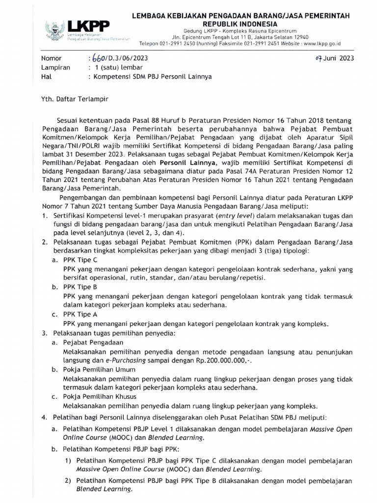 Surat LKPP TTG Kompetensi SDM PBJ - 230821 - 065644 | PDF