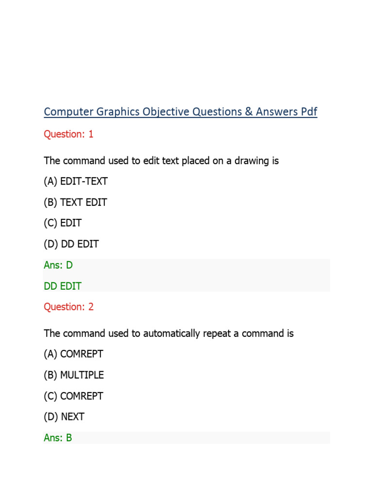 Computer Graphics Objective Questions and Answers | PDF
