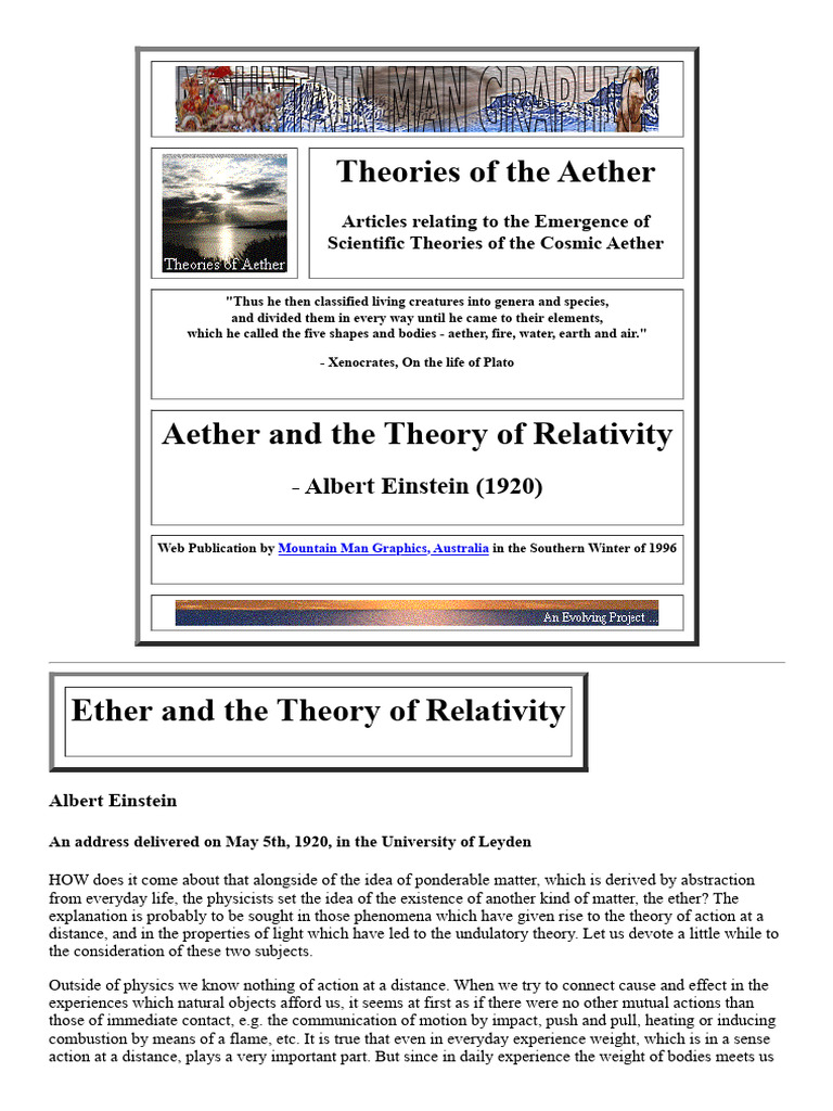 Aether And Relativity Einstein 1920 Theories Of The Aether Pdf Luminiferous Aether