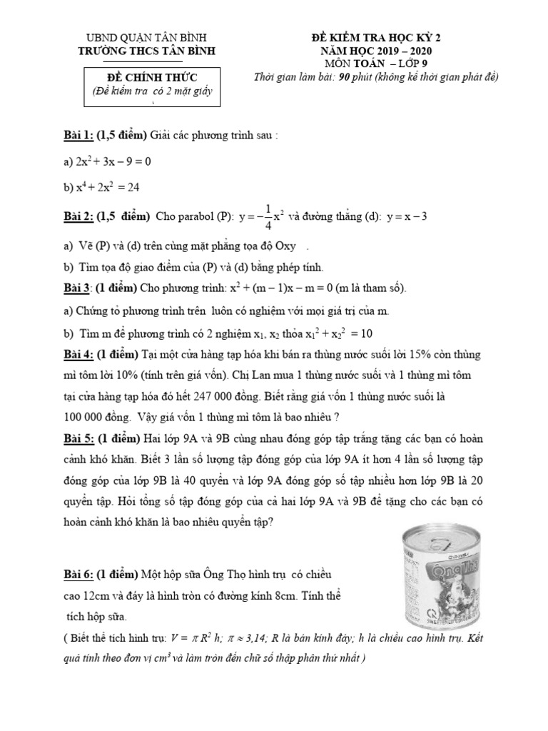 De Kiem Tra Hoc Ky 2 Toan 9 Nam 2019 2020 Truong Thcs Tan Binh TP HCM | PDF