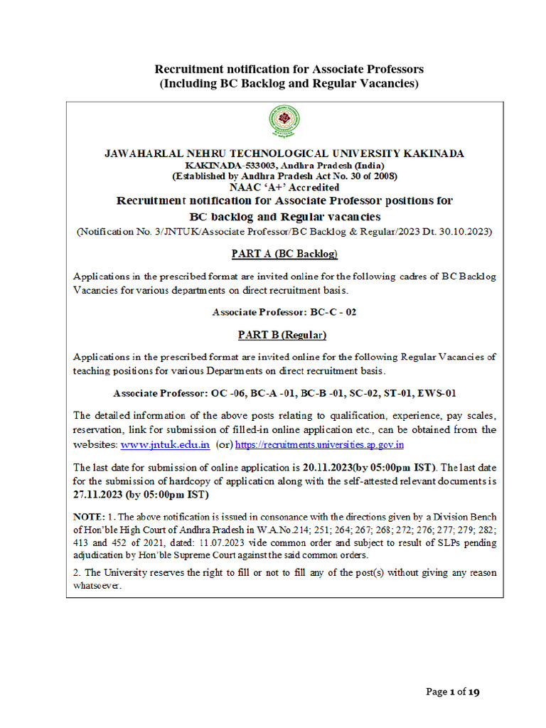 JNTUK-Detailed Notification No 3-Associate Professors | PDF | Academic ...