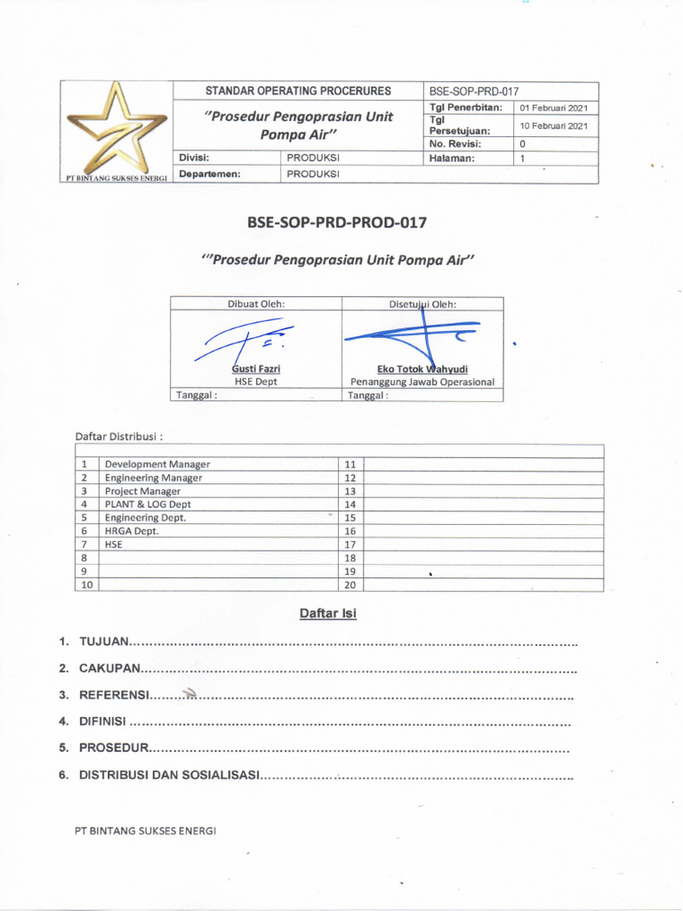 SOP Pengoperasian Pompa | PDF