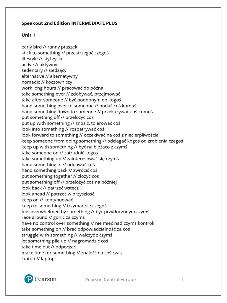 Speakout INTERMEDIATE PLUS Wordlist | PDF