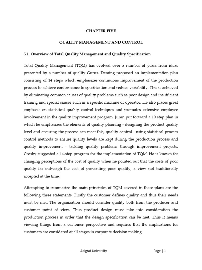 Chapter Five Quality Management and Control 5.1. Overview of Total Quality Management and ...