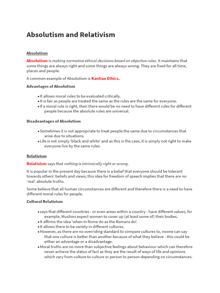 Absolutism and Relativism - PDF | PDF | Relativism | Morality