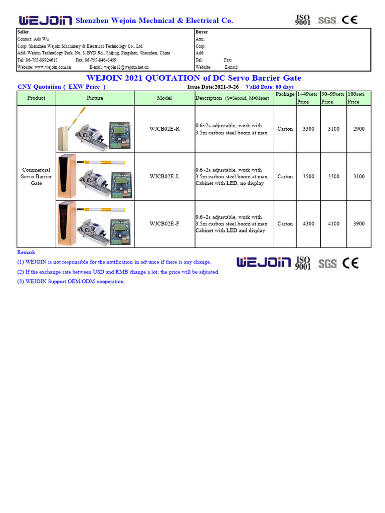 WEJOIN Quotation Barrier Gate With DC Motor (CB02E) RMB | PDF