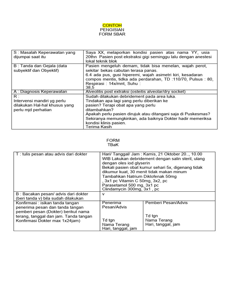 Contoh Pengisian Form SBAR Keperawatan | PDF