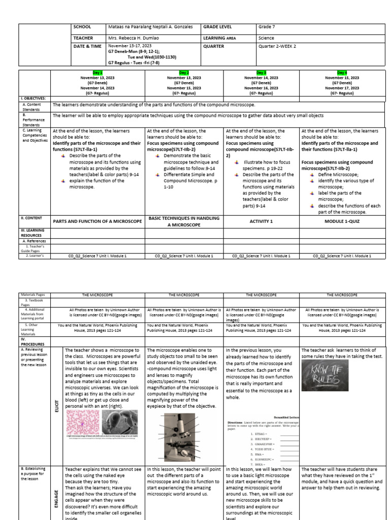 SCIENCE 7-WK 2-2023 2nd Q DLP | PDF | Microscope | Learning