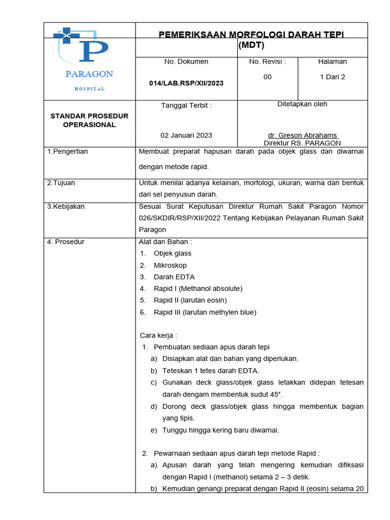 Sop Lab 07 Pemeriksaan Sediaan Apus Darah Tepi MDT Rev | PDF