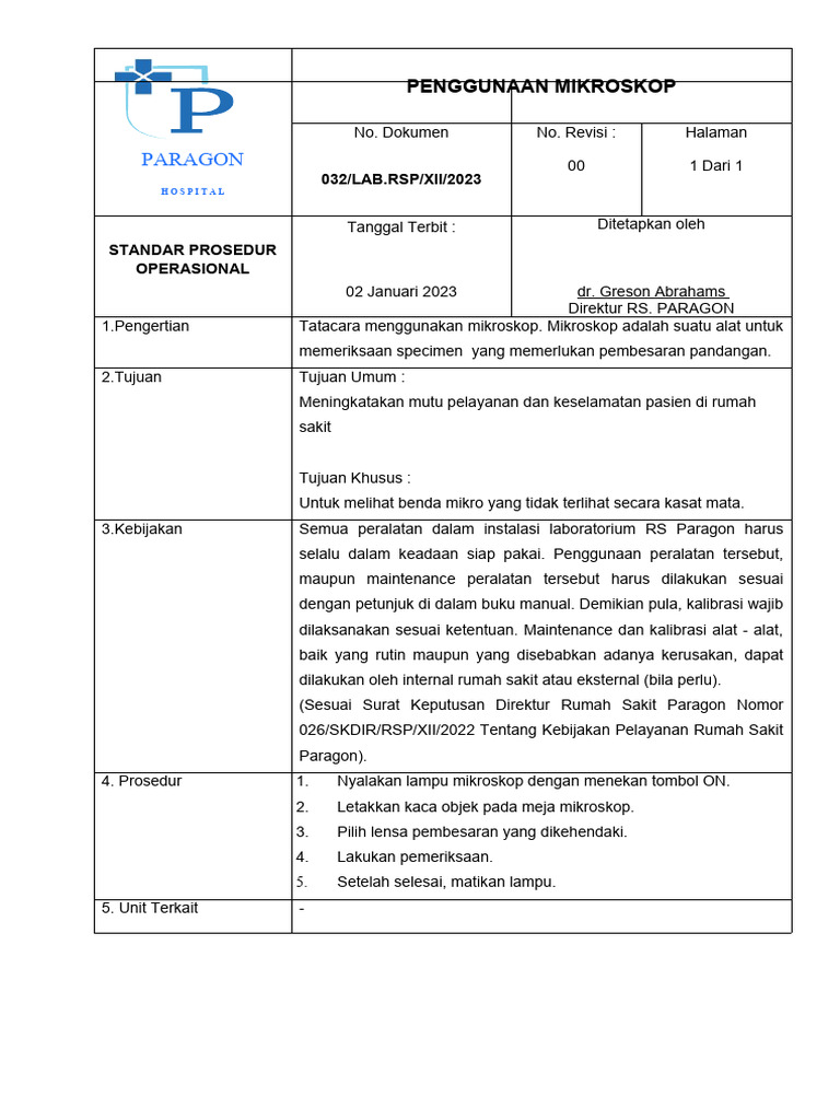 Sop Lab 25 Penggunaan Mikroskop | PDF