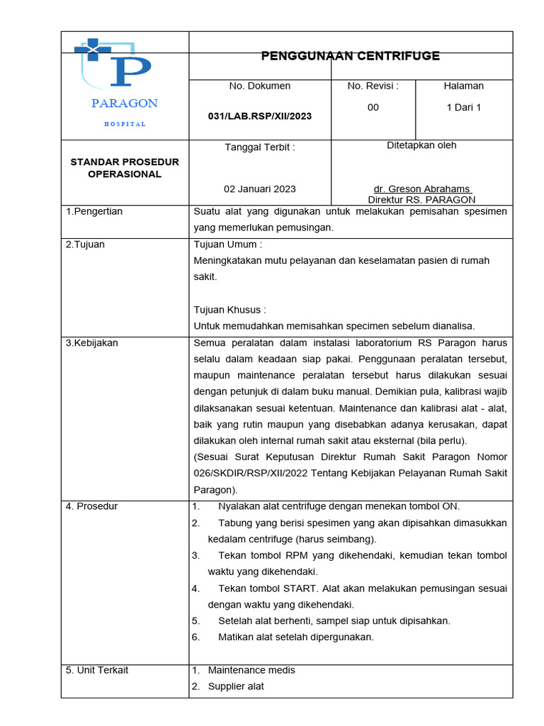 Sop Lab 24 Penggunaan Centrifuge | PDF | Sains & Matematika