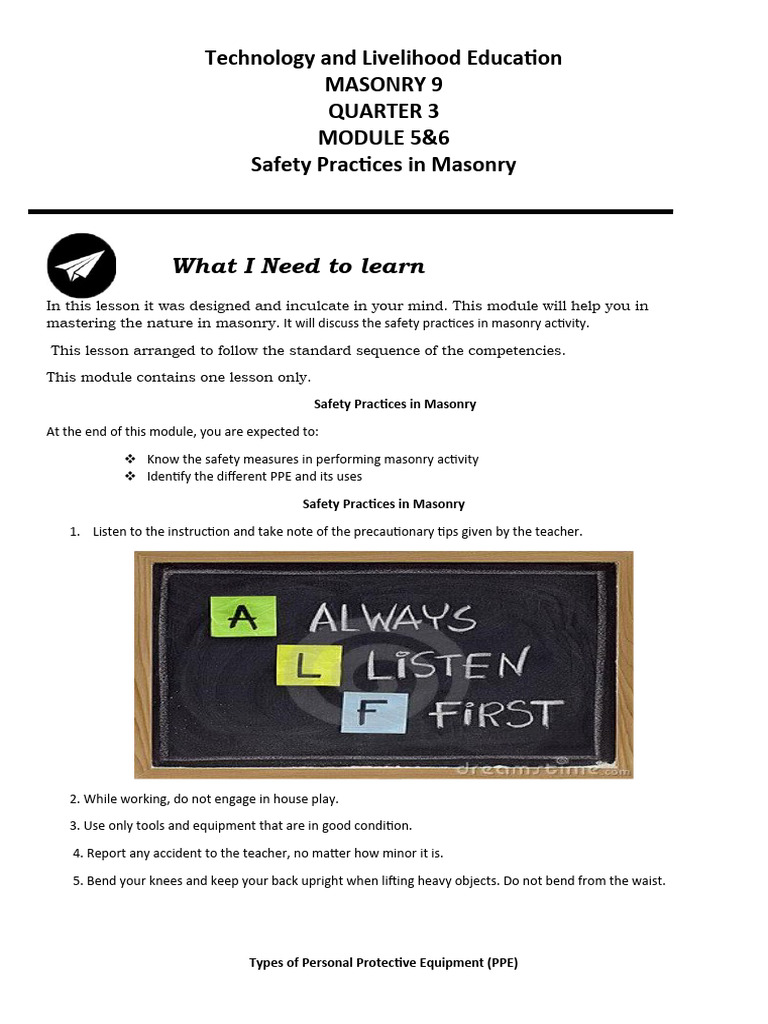 Masonry 9 q3 Week 5 & 6 New | PDF | Personal Protective Equipment ... Masonry 9 q3 Week 5 & 6 New | PDF | Personal Protective Equipment ...