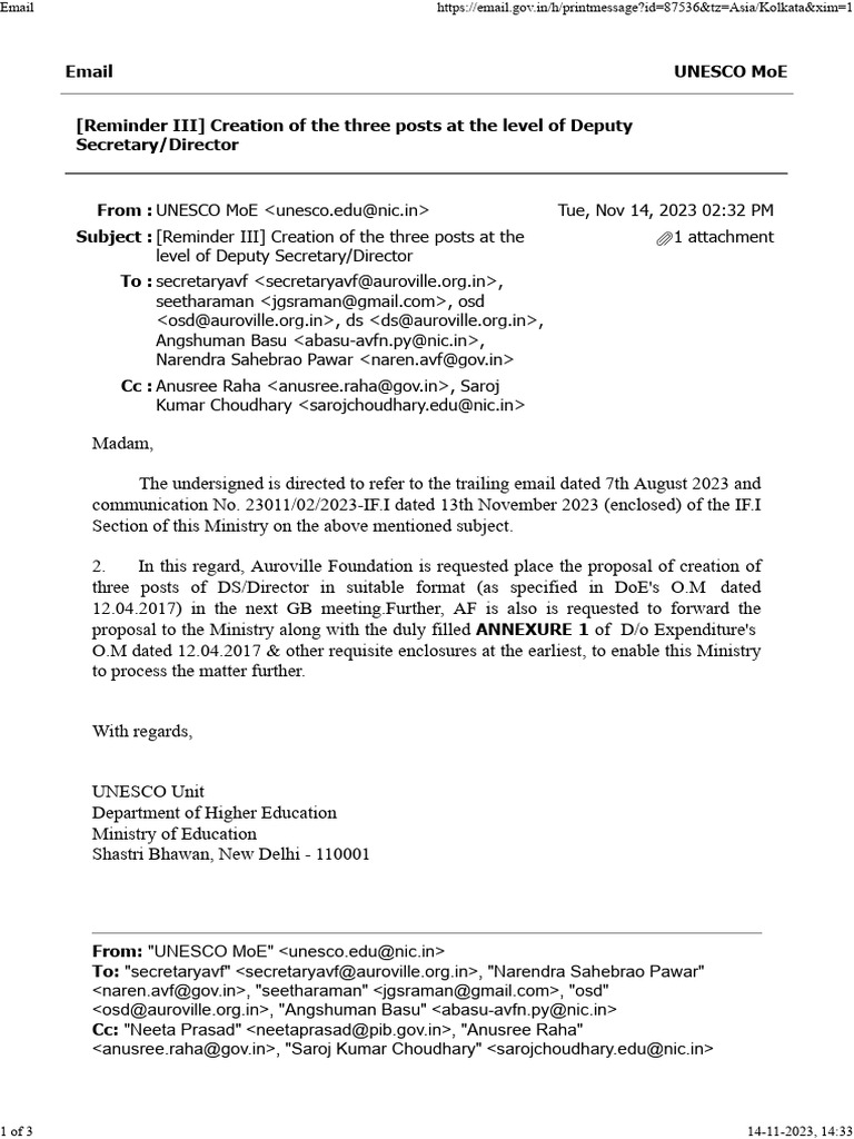 Reminder III Sent To AF To Send Annexure I For Creation of 3 Post of DS ...