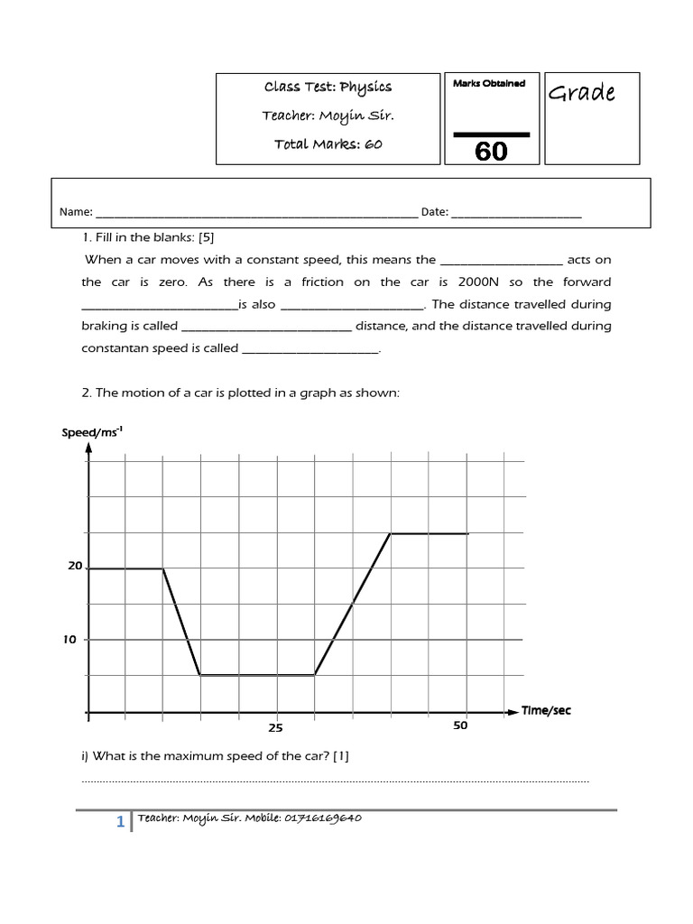 Class Test On Linear Motion. | PDF | Physical Phenomena | Applied And ...