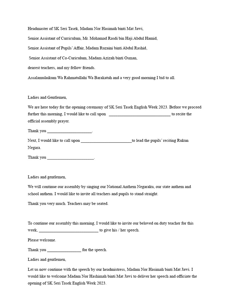 Teks MC English Week SK Seri Tasek | PDF