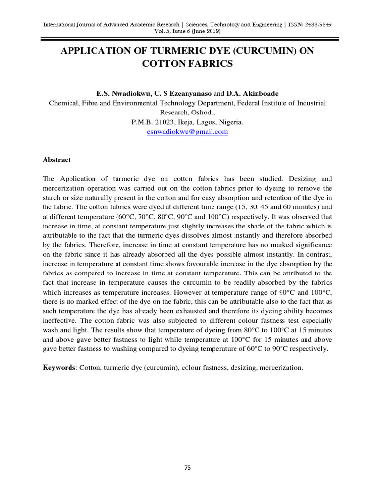 Application of Turmeric Dye (Curcumin) On Cotton Fabrics | PDF | Dyeing ...