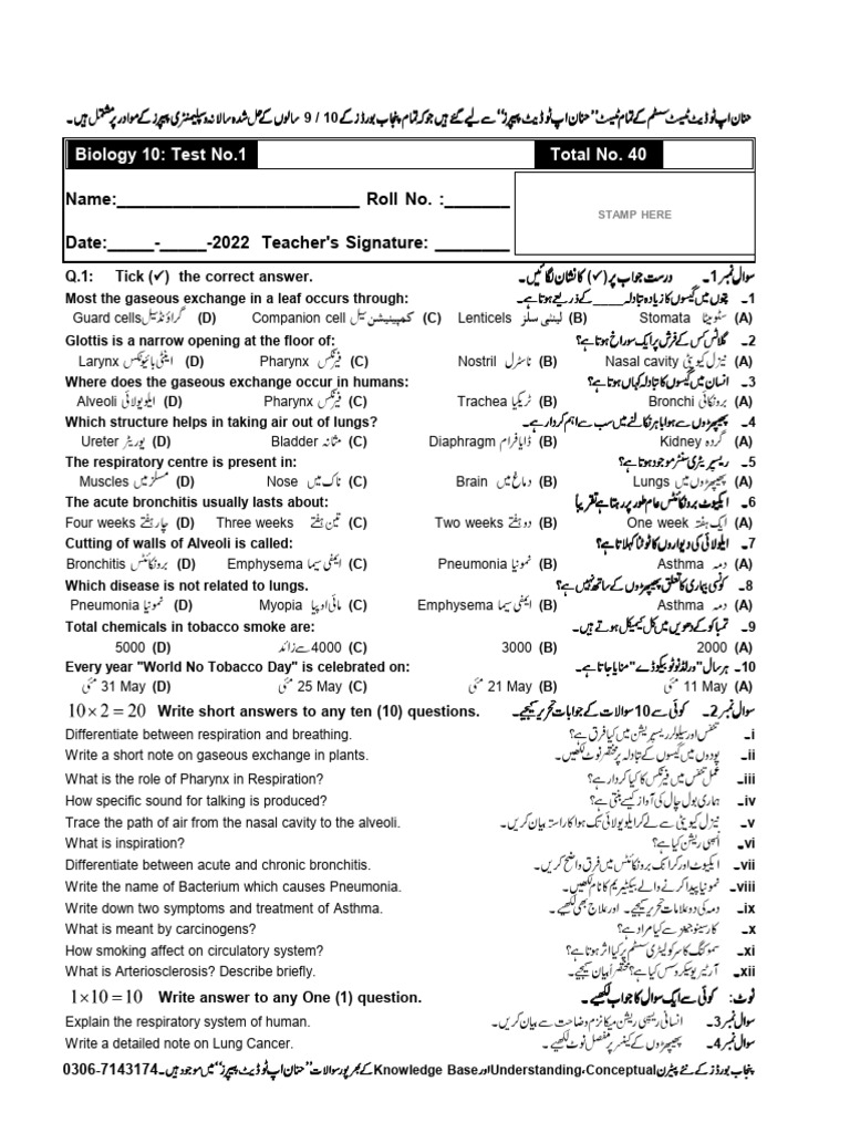 Chapter Wise Biology 10 | PDF | Skeleton | Lung