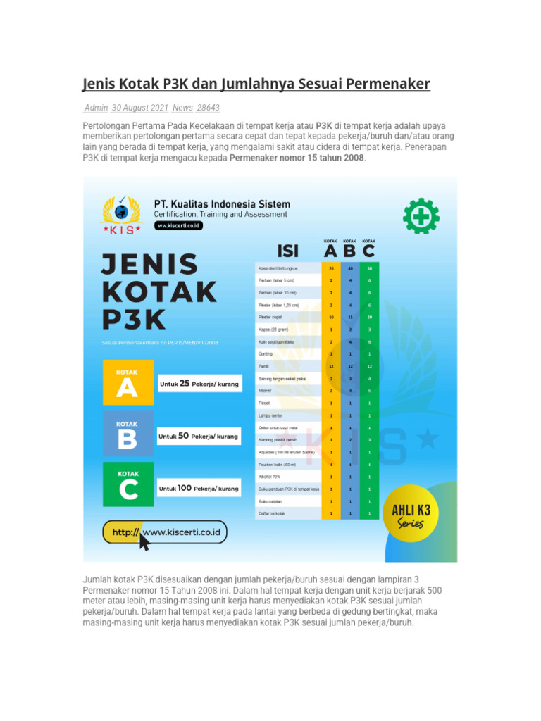 Jenis dan Jumlah Kotak P3K Permenaker | PDF