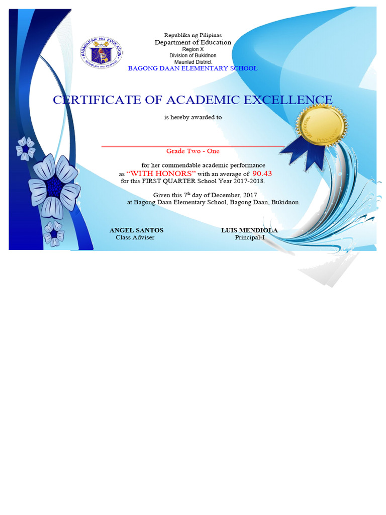 Certificate of Academic Excellence Template | PDF