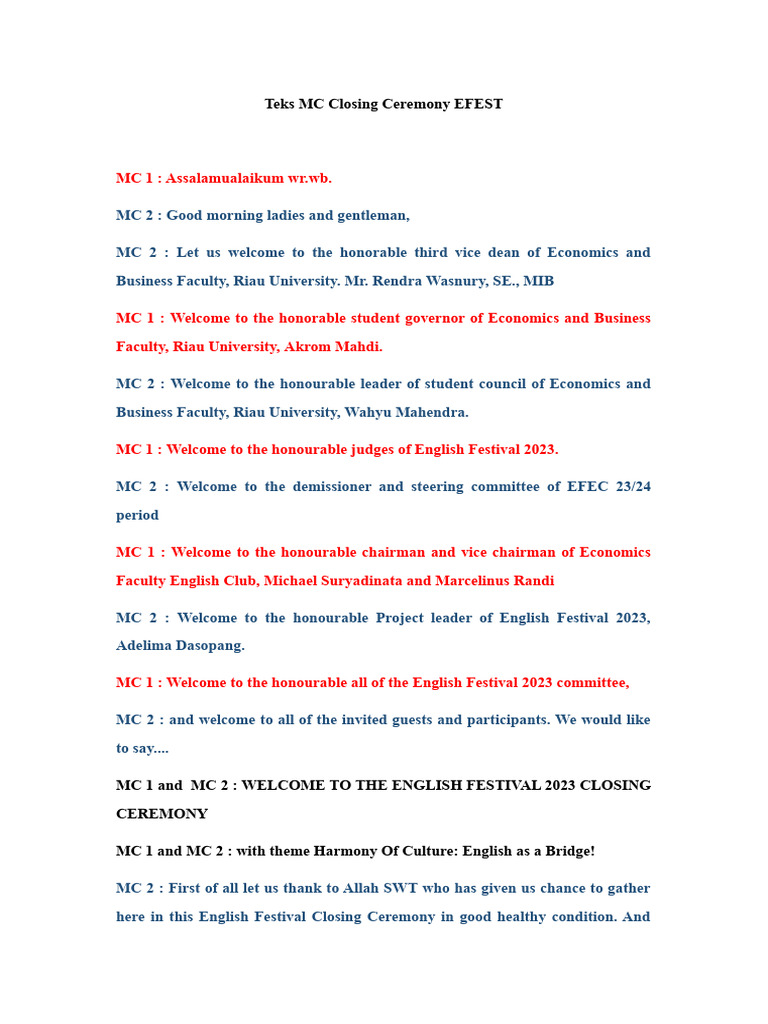 Teks MC Closing Ceremony Temporary Fixed (Heheh-2 | PDF