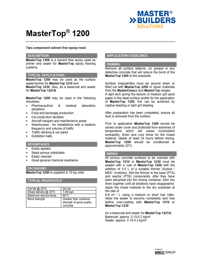 Mastertop 1200 Tds | PDF | Epoxy | Materials