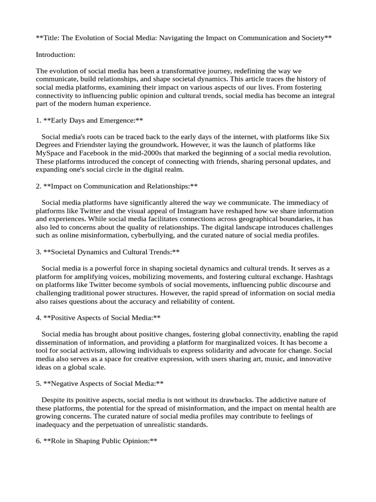 Title: The Evolution of Social Media: Navigating The Impact On Communication and Society | PDF ...