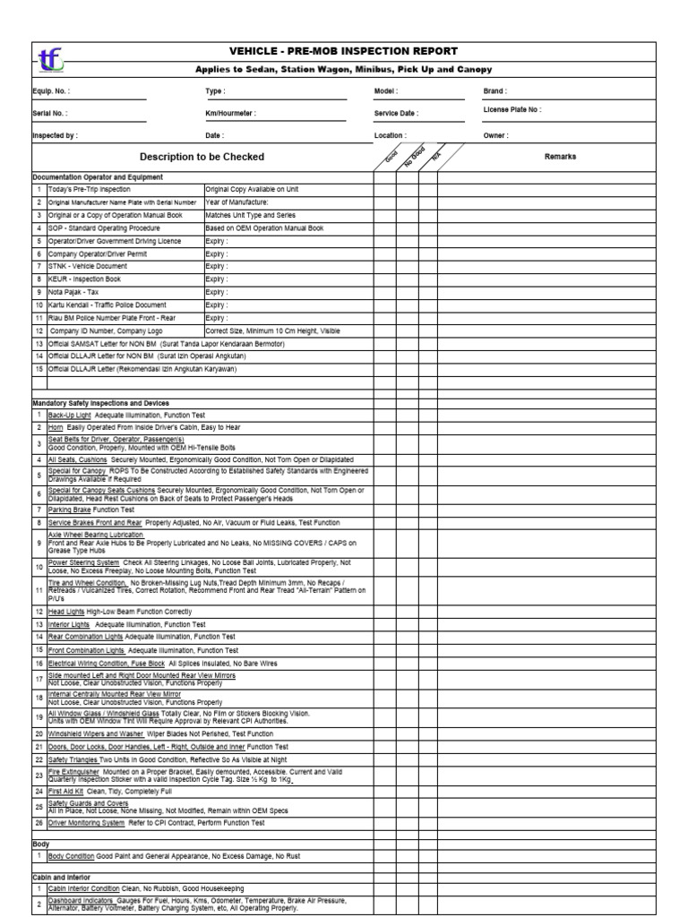 Vehicle Pre-Mob Inspection Checklist | PDF | Truck | Steering