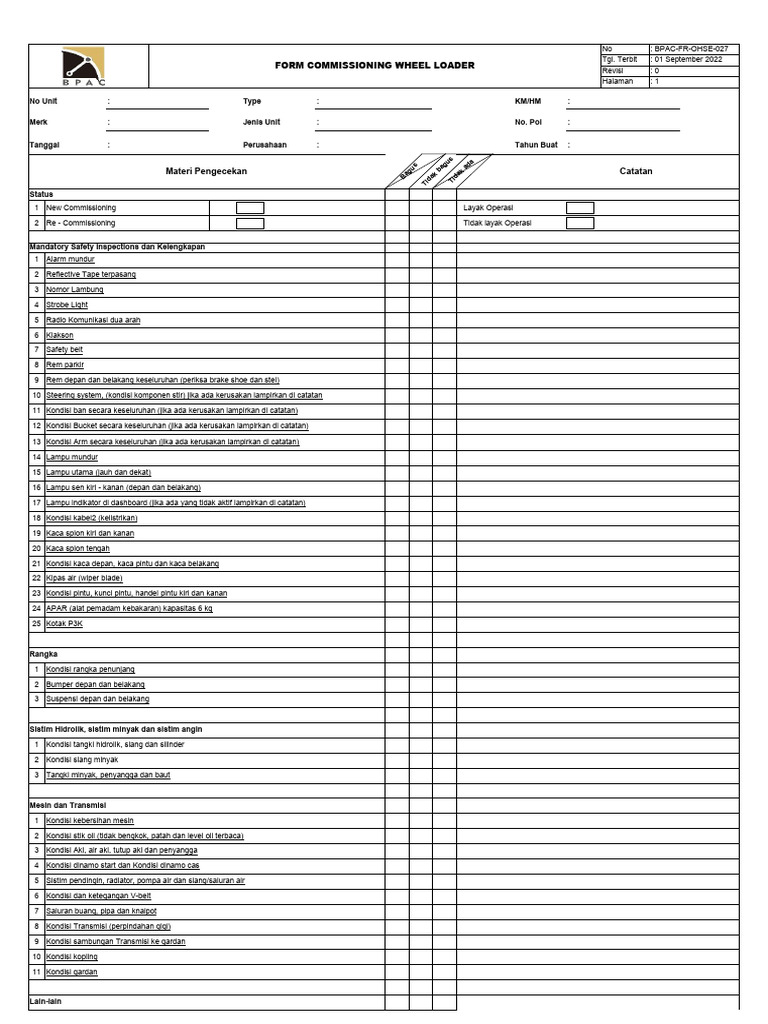 BPAC-FR-OHSE-027 Commissioning WHEEL LOADER | PDF