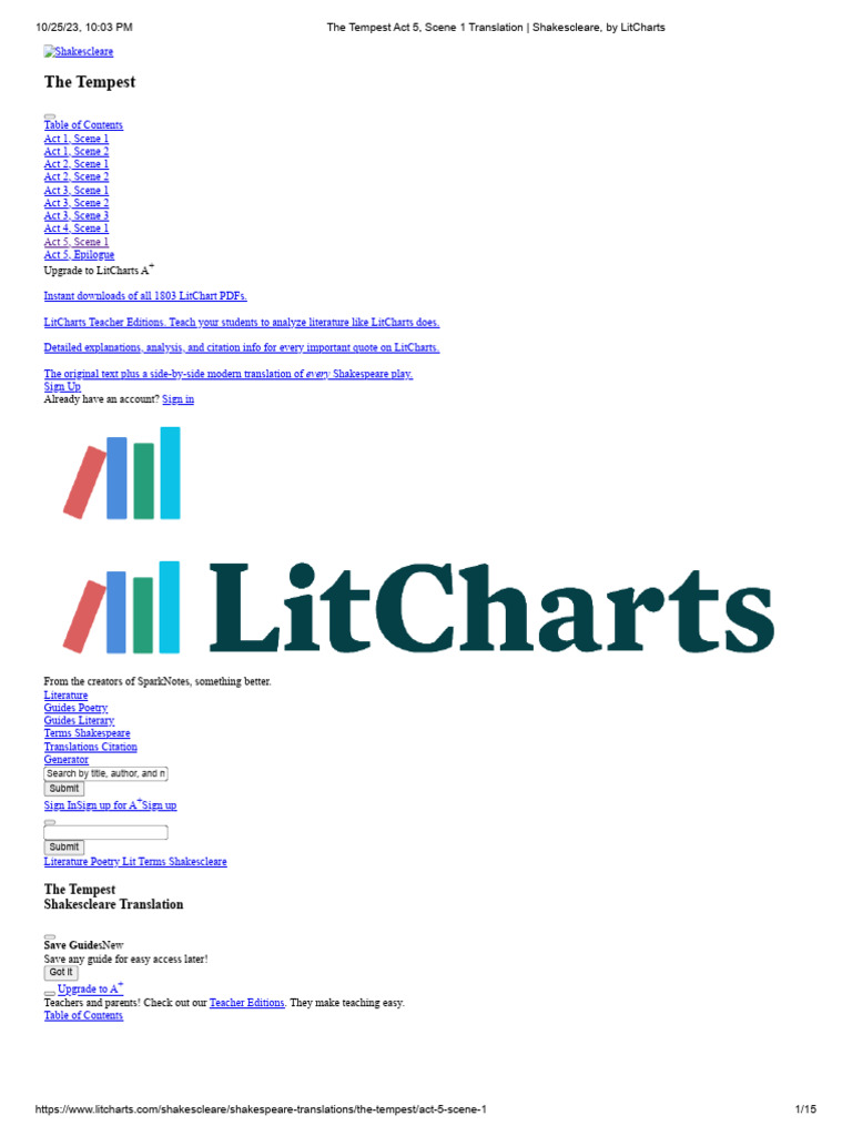 The Tempest Act 5, Scene 1 Translation - Shakescleare, by LitCharts ...