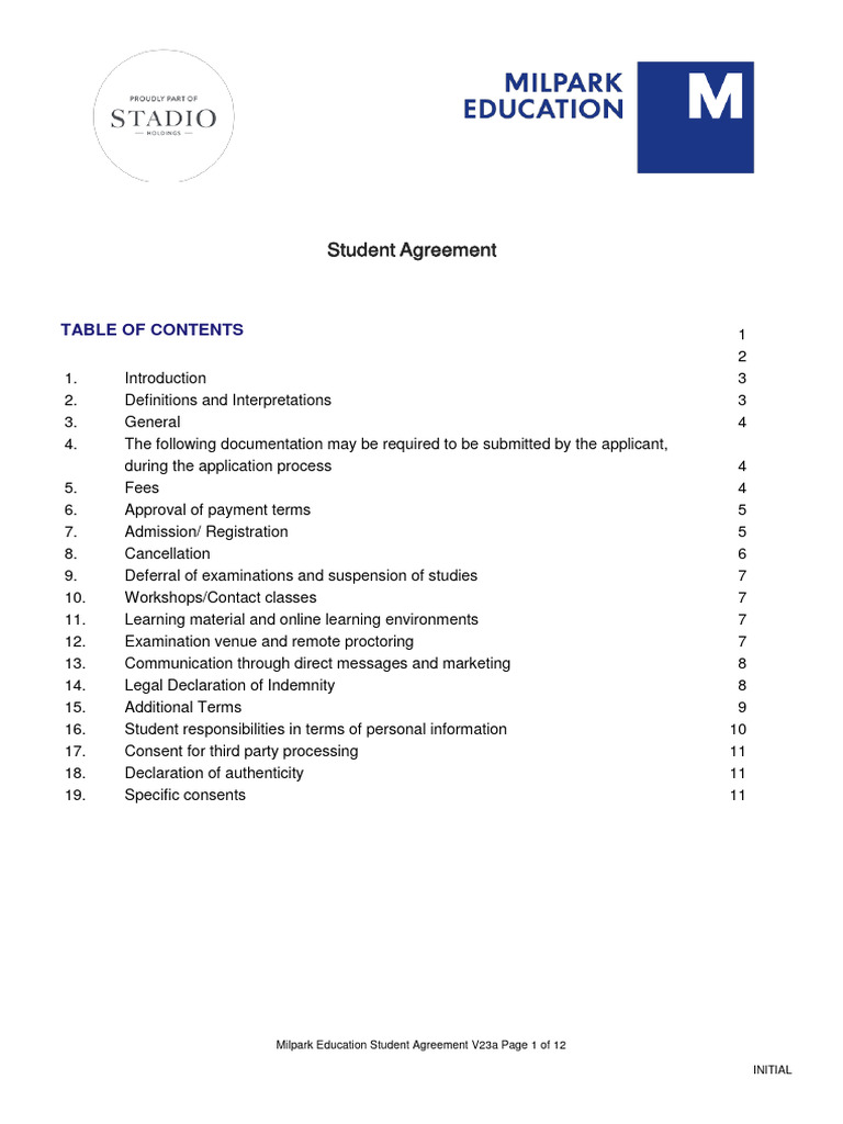 Milpark Education Student Agreement | PDF | Privacy | Debt
