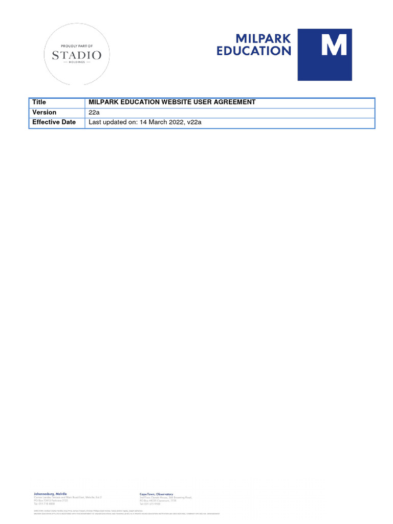 Milpark Education Website User Agreement | PDF | License | Legal Liability