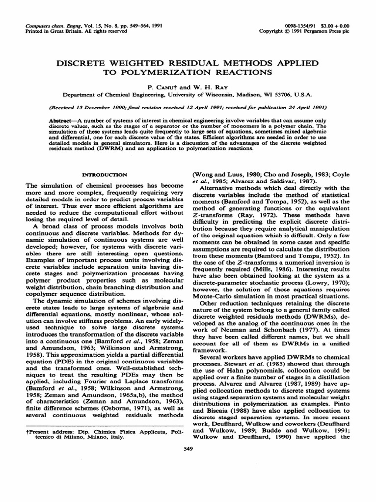Discrete Weighted Residual Methods Applied To Polymerization Reactions1991 | PDF | Partial ...