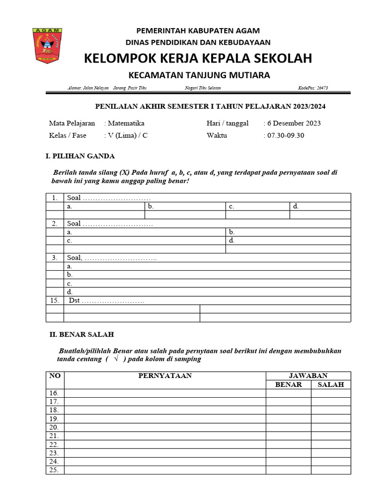 Soal SAS MTK kelas V TJM 2023 | PDF