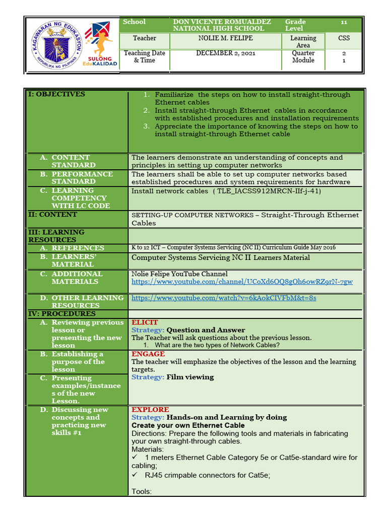 CSS12 Straight Through Connection - COT LESSON PLAN | PDF | Learning | Cognition