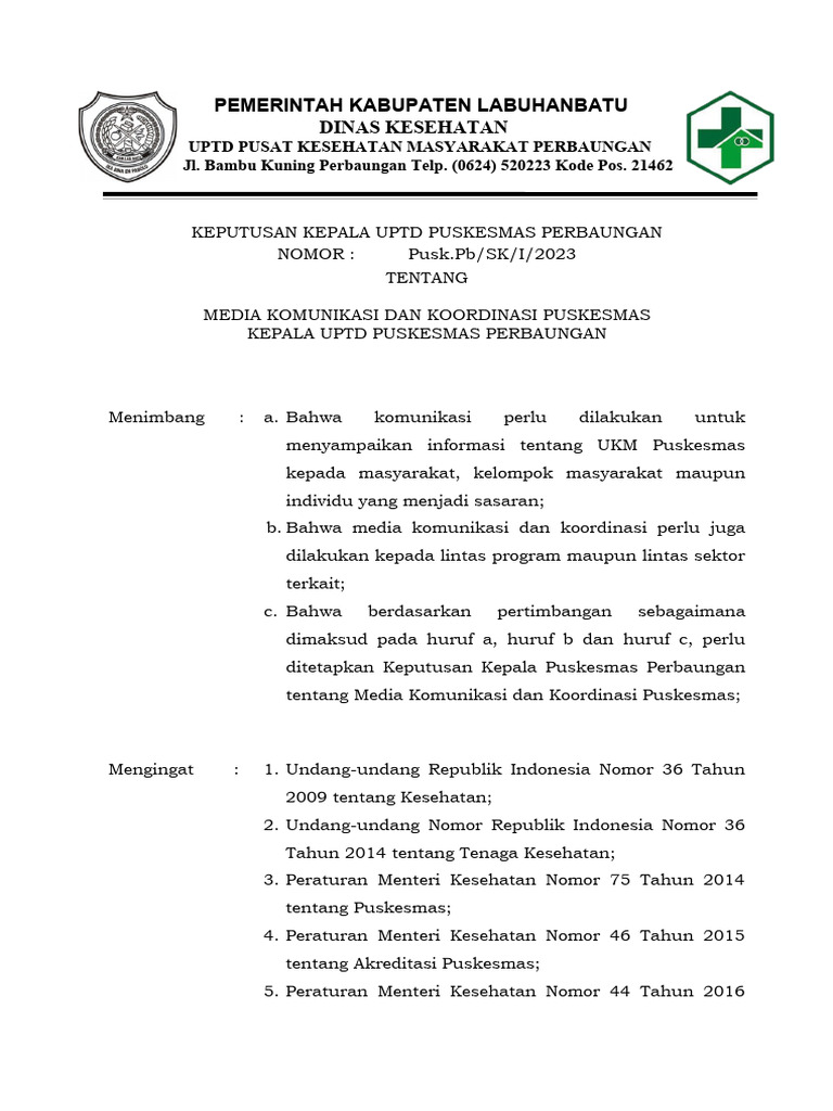 SK Media Komunikasi Dan Koordinasi Puskesmas Ukm | PDF