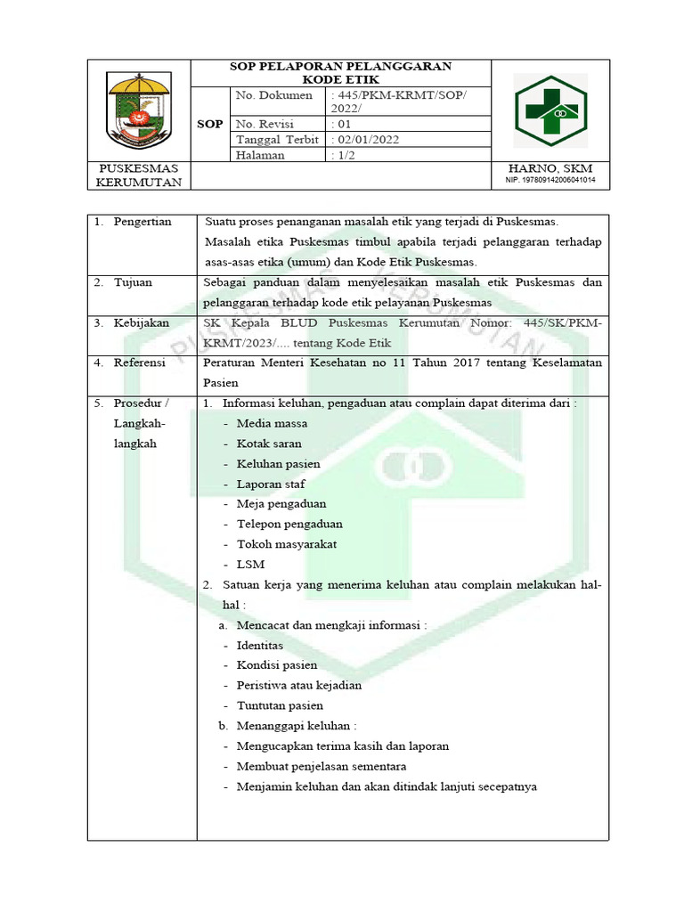 1.2.5 A.1 SOP PELAPORAN PELANGGARAN KODE ETIK | PDF