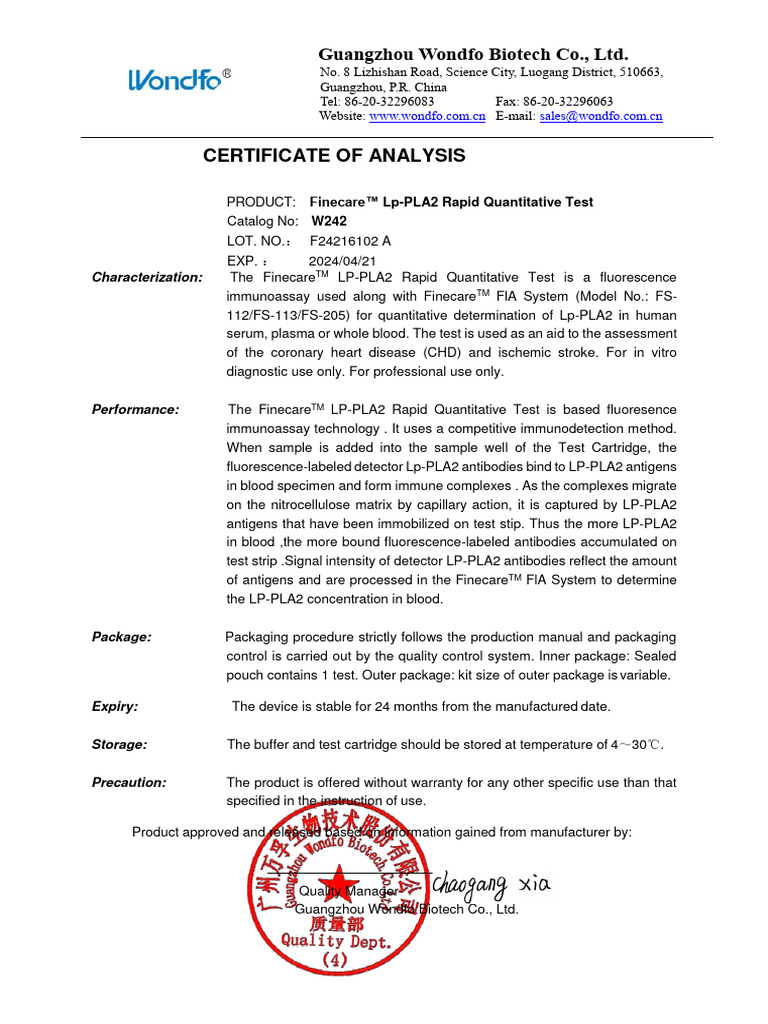 Lp-PLA2 Rapid Quantitative Test COA-F24216102 A | PDF | Immunoassay ...