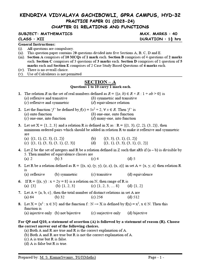 Maths Class Xii Chapter 01 Relations and Functions Practice Paper 01 ... Maths Class Xii Chapter 01 Relations and Functions Practice Paper 01 ...