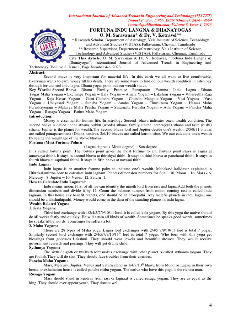 Fortuna Indu Langna & Dhanayogas O. M. Saravanan & Dr. V. Kotravel | PDF | Planets In Astrology ...