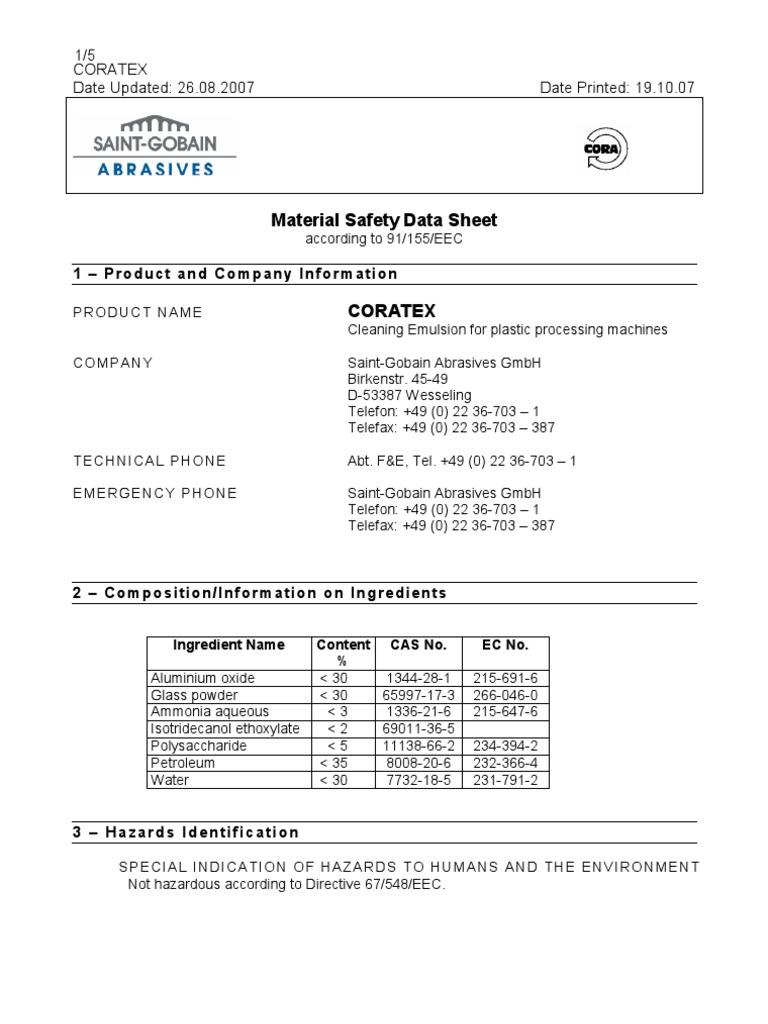Coratex Safety Data Sheet | PDF | Toxicity | Personal Protective Equipment