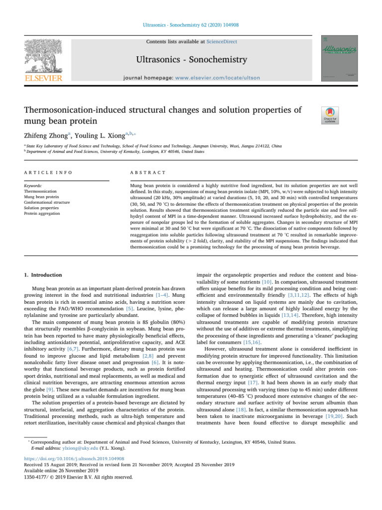 Thermosonication-Induced Structural Changes and Solution Properties of Mung Bean Protein | PDF ...