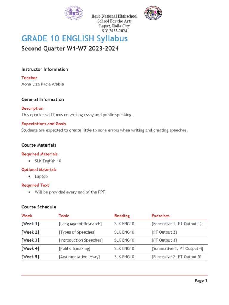 English 10 Syllabus 2023 2024 | PDF | Foreign Language Studies