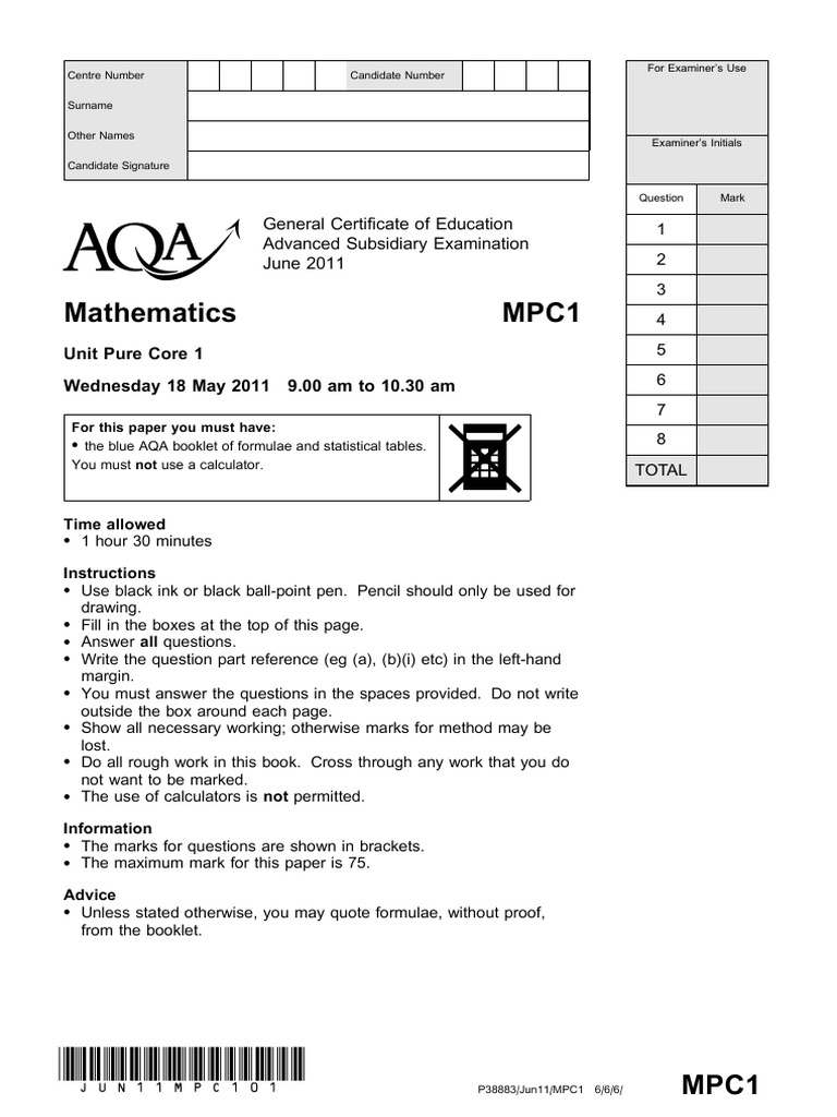 AQA MPC1 W QP Jun11 | PDF | Factorization | Equations