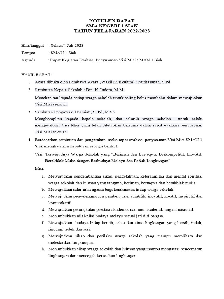 Notulen Rapat Penyusunan Visi Misi Sekolah 2023 | PDF