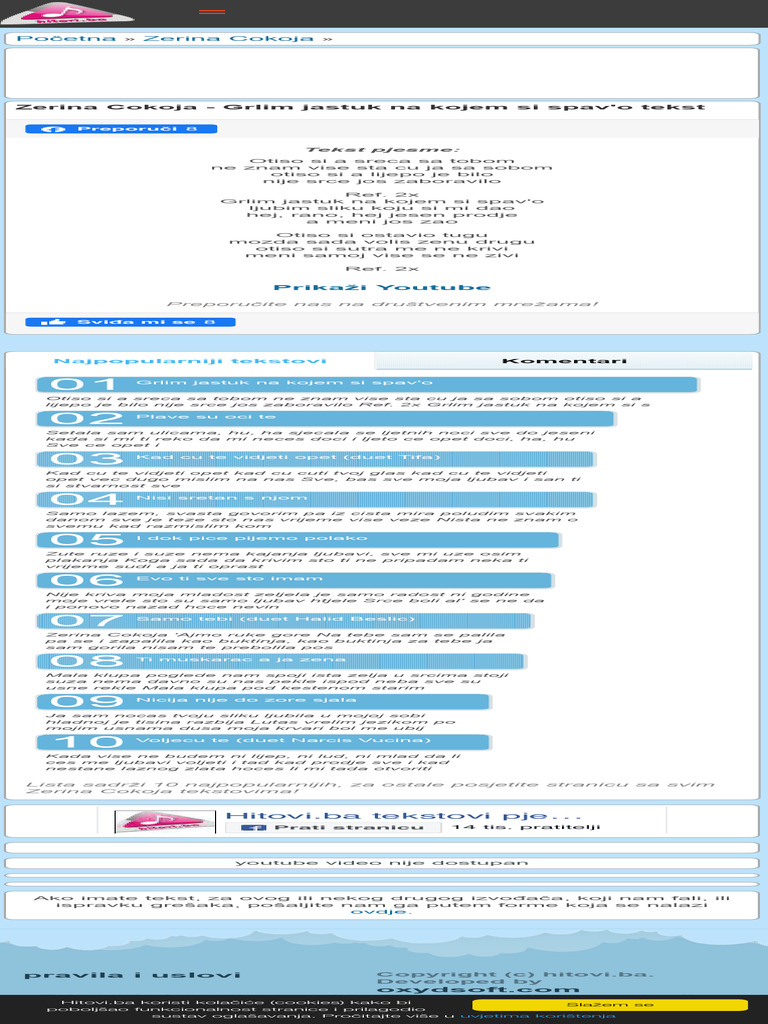 Zerina Cokoja - Grlim Jastuk Na Kojem Si Spav'o Tekst Hitovi - Ba | PDF