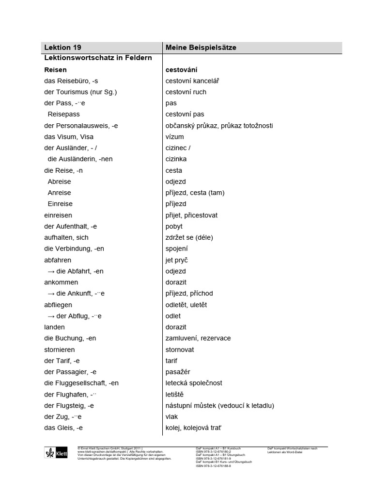 DaF Kompakt B1 Lektionswortschatz in Feldern L19 L30 | PDF