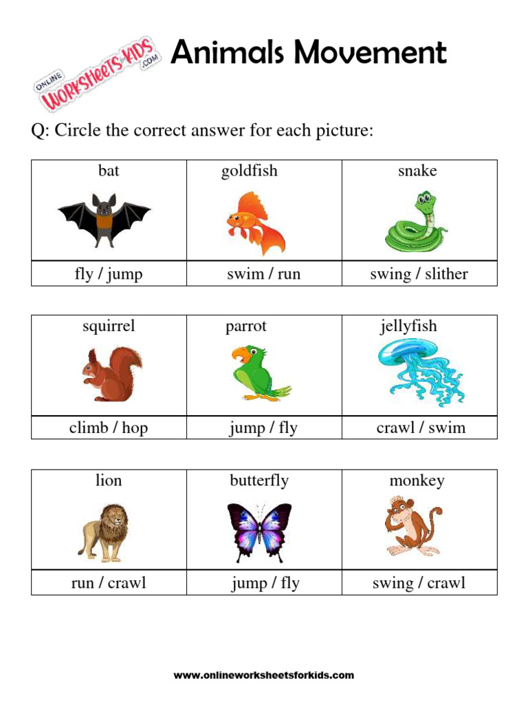 Animals Movement Worksheets for 1st Grade 5 | PDF